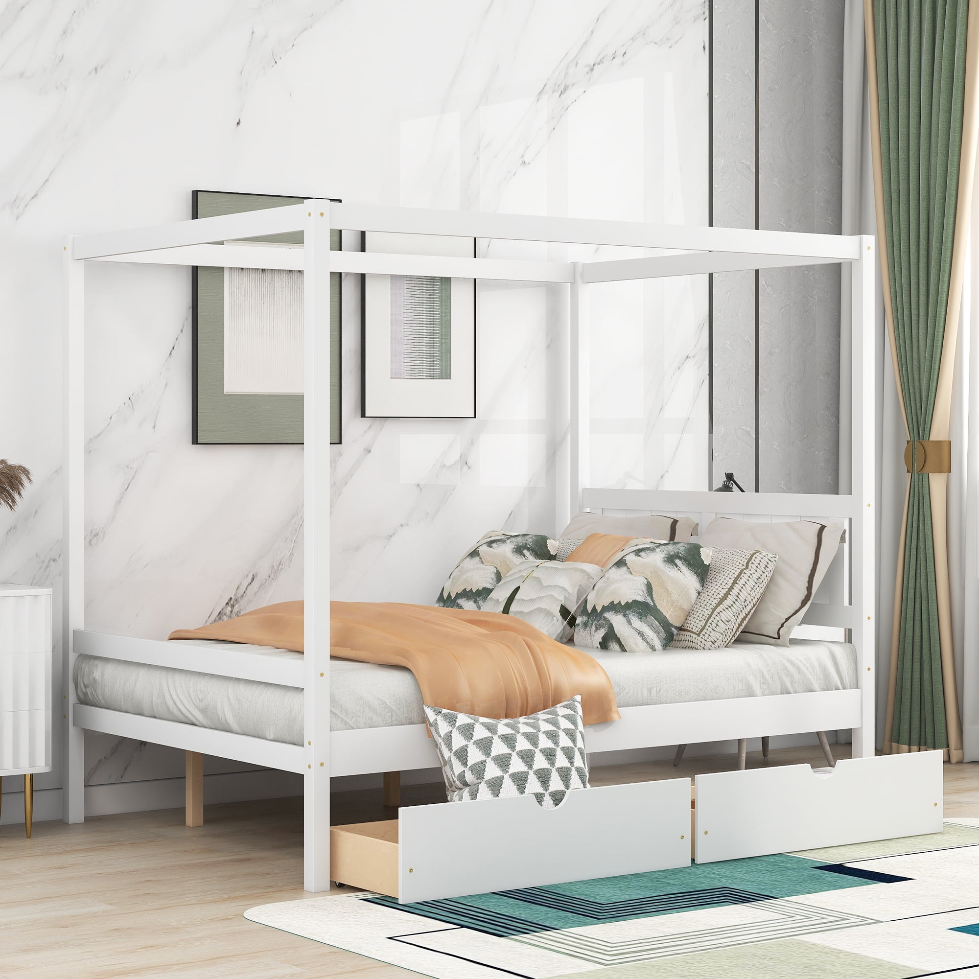 Pine Wood Full Size Canopy Platform Bed - Sturdy Frame, Design ...