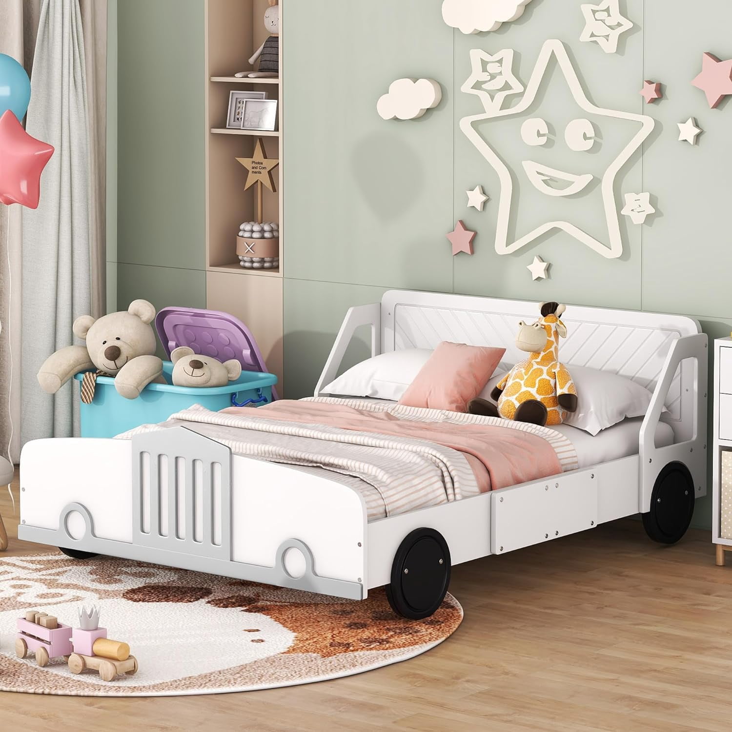 Full Size Car Bed for Kids, Wood Plaform Bed wih Wheels, Headboard ad ...