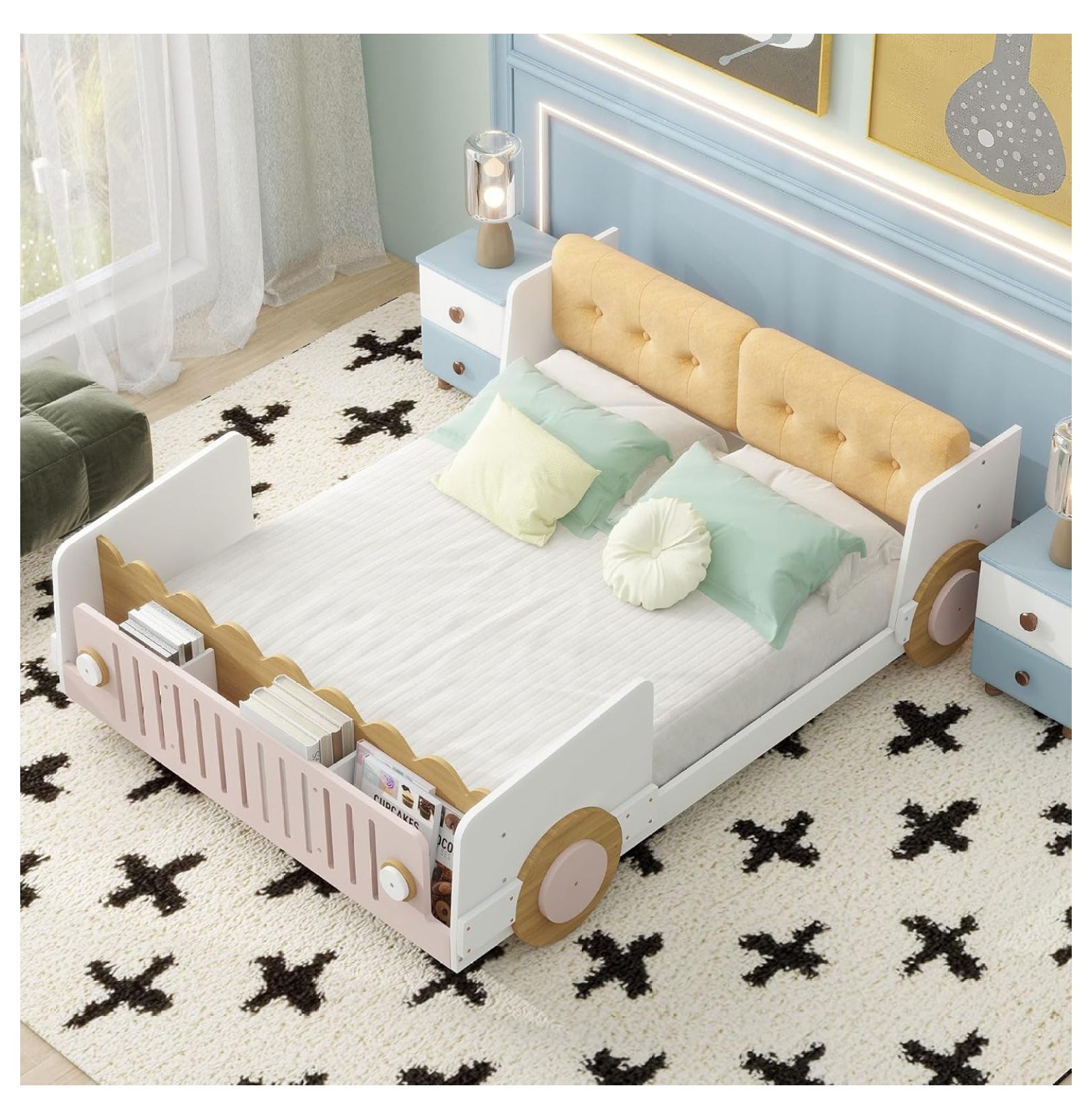 Full Size Car Bed with Soft Cushion and Storage Shelves, Classic Car ...