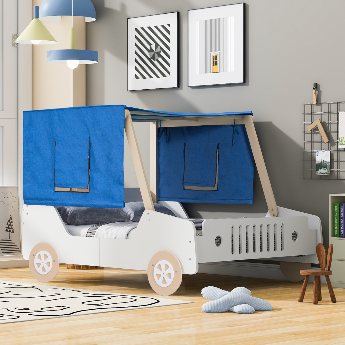 Full Size Car Shaped Bed with Ceiling Cloth, Plywood Low Platform Bed ...