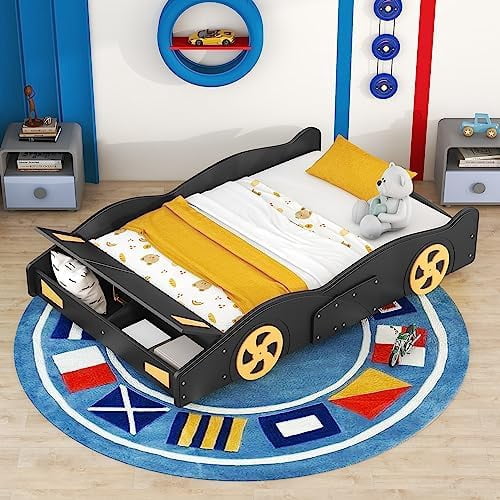 Full Size Car-Shaped Platform Bed with Storage and Wheels, Kids Full ...