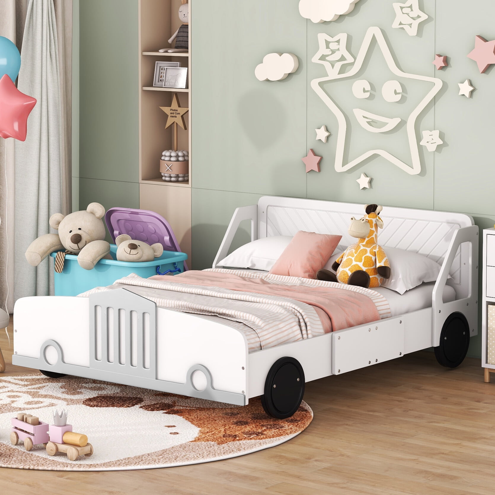 Full Size Car-Shaped Platform Bed with Wheels,Car Bed Frame with ...