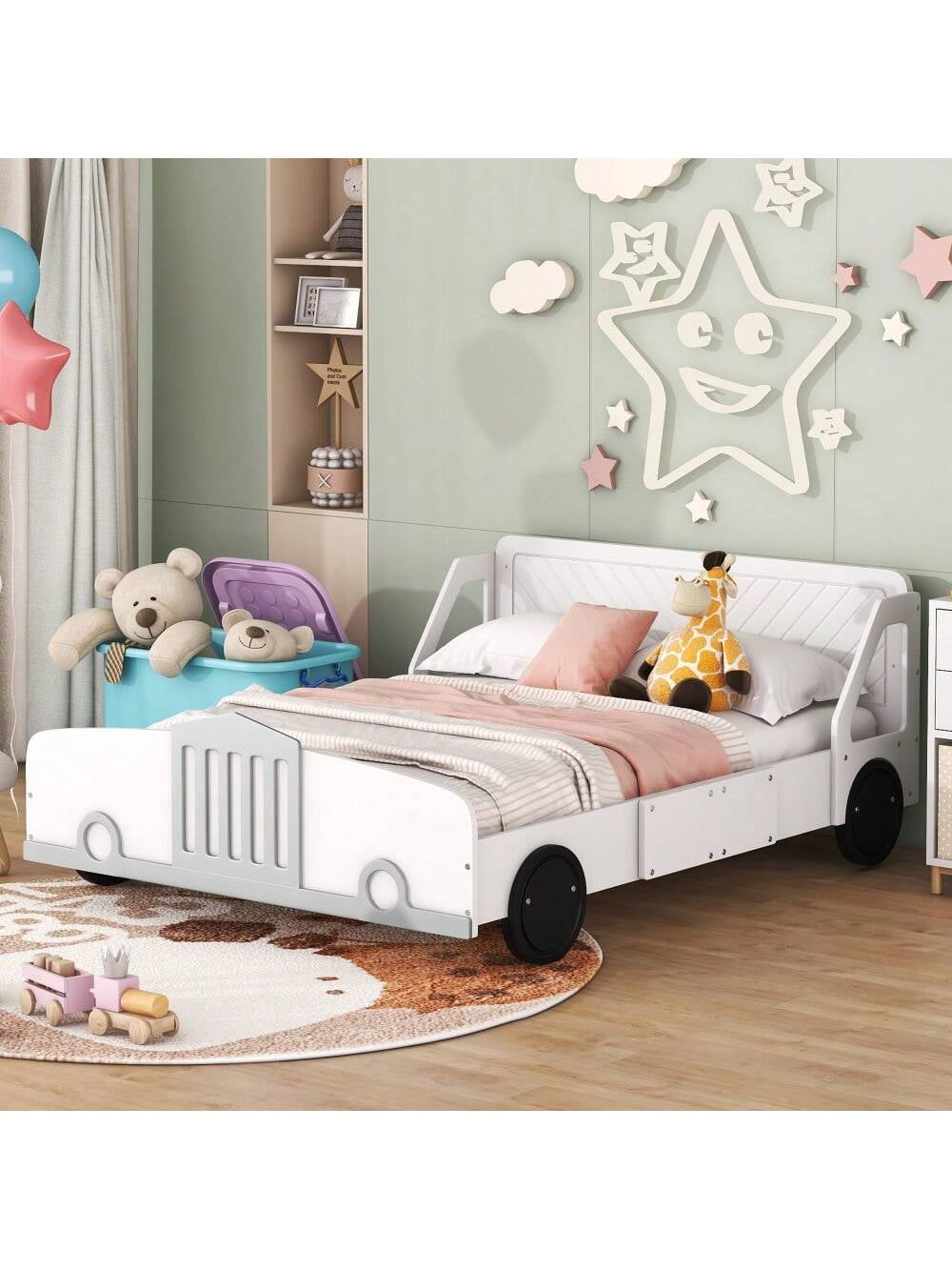 Full Size Car Shaped Platform Bed With Wheels Headboard Footboard ...