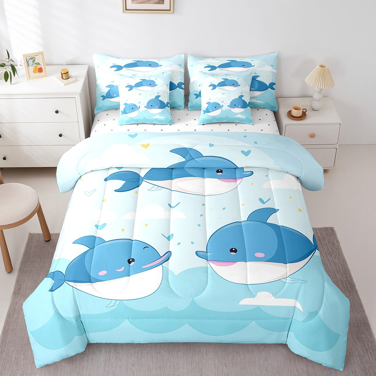 Full Size Cartoon Dolphin Comforter Set With Sheets Cute Fish Marine ...