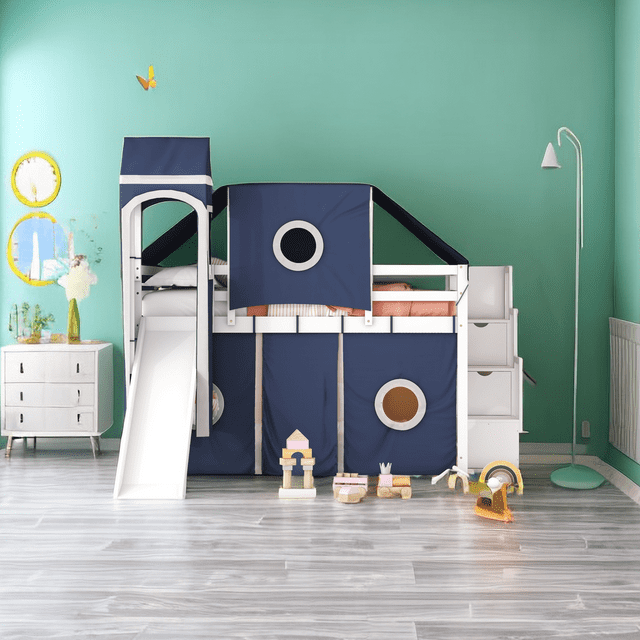 Full Size Castle Loft Bed with Blue Tent and Tower,Wood Full Loft Bed ...