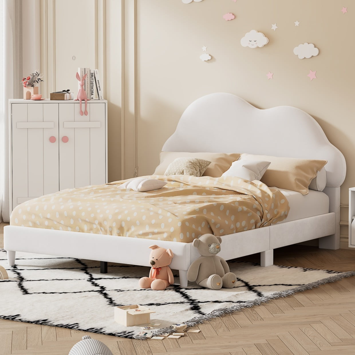 Full Size Cloud Headboard Bed Frame, Velvet Upholstered Platform with ...