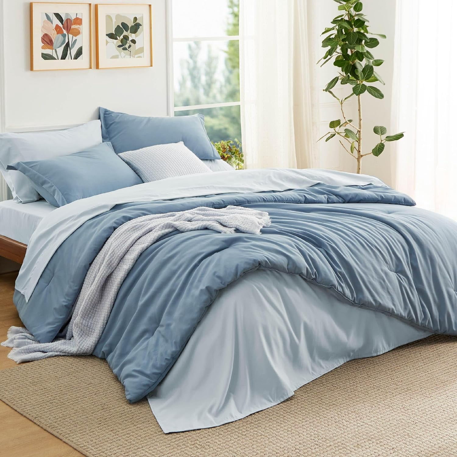 Full Size Comforter Set - 7 Pieces Grayish Blue Full Bedding Set for ...
