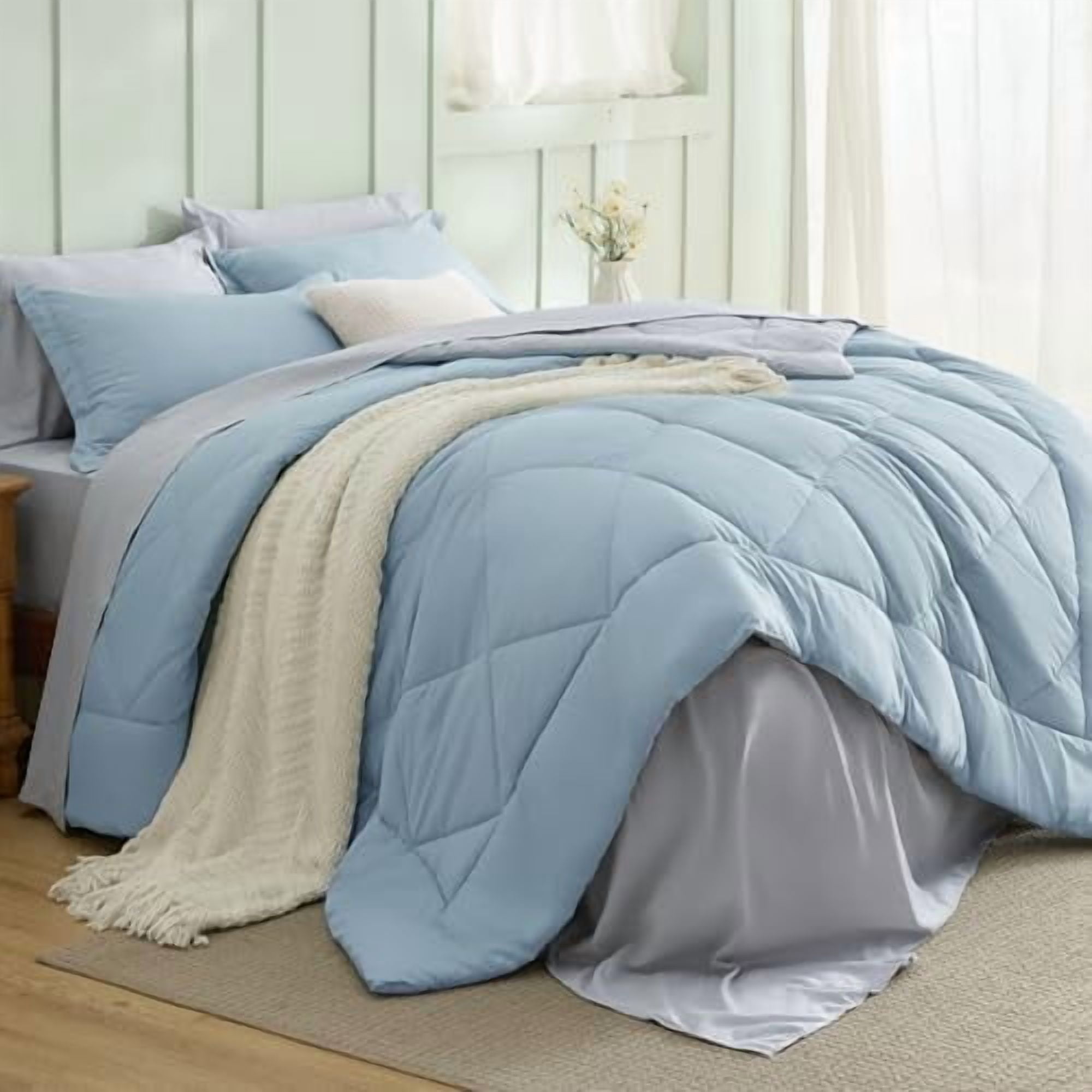 Full Size Comforter Set - 7 Pieces Reversible Sky Blue Bedding, Full ...