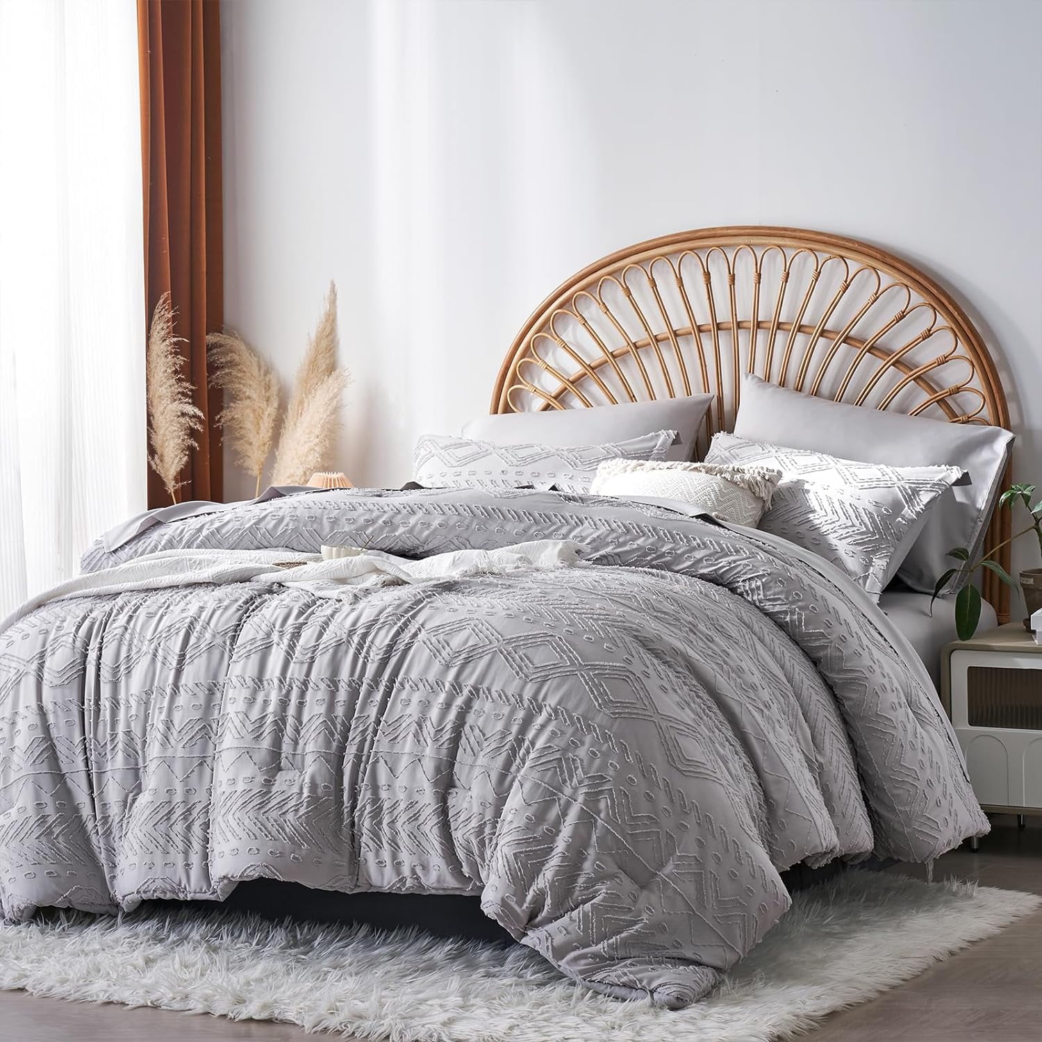 Full Size Comforter Set 7 Pieces,White Boho Tufted Bedding Comforter ...