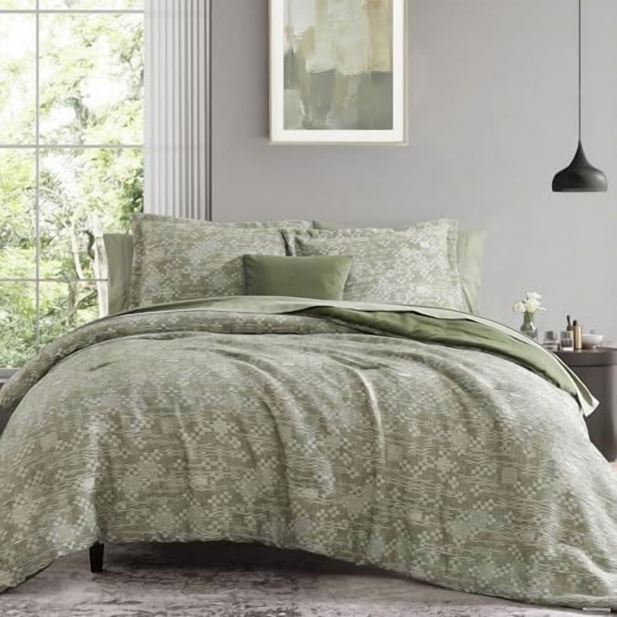 Full Size Comforter Set Olive Green, Crinkle Textured Design Bedding ...