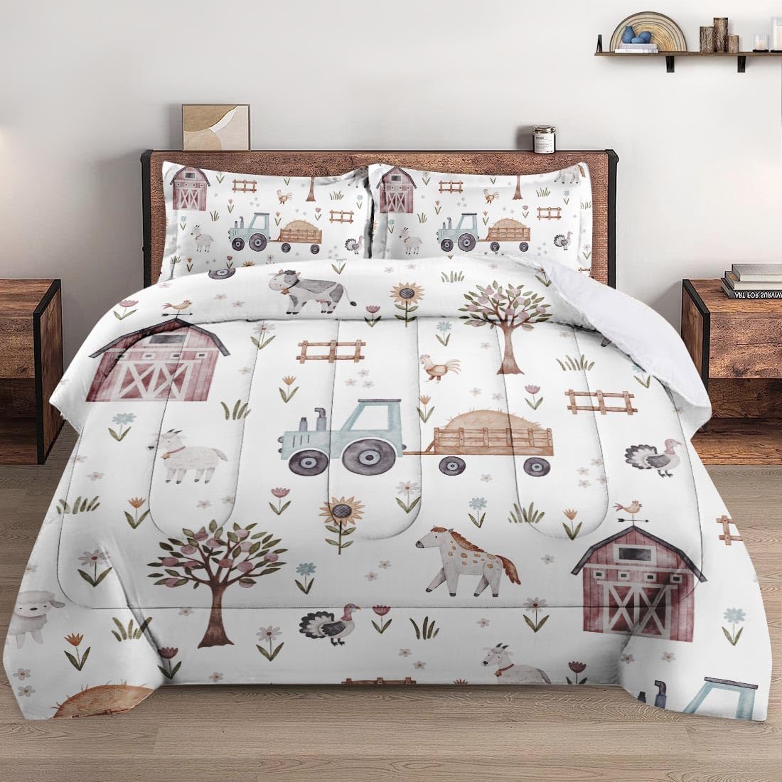 Full Size Comforter Set with 2 Pillowcases, Farm Animal Tractor House ...