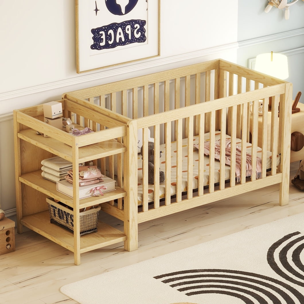 Full Size Convertible Crib Bed with Solid Wooden Frame, Railing on All ...