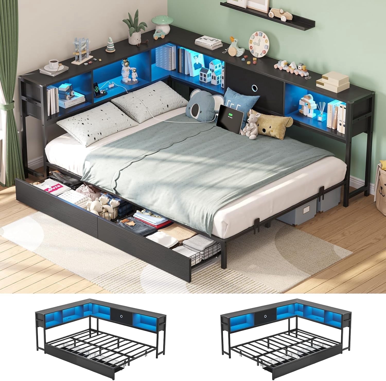 Full Size Corner Bed Frame with Storage Bookcase,Full Daybed with ...