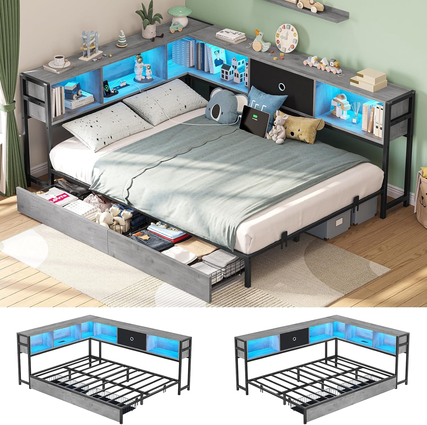 Full Size Corner Bed Frame with 2 Storage Drawers, Full Platform Bed ...