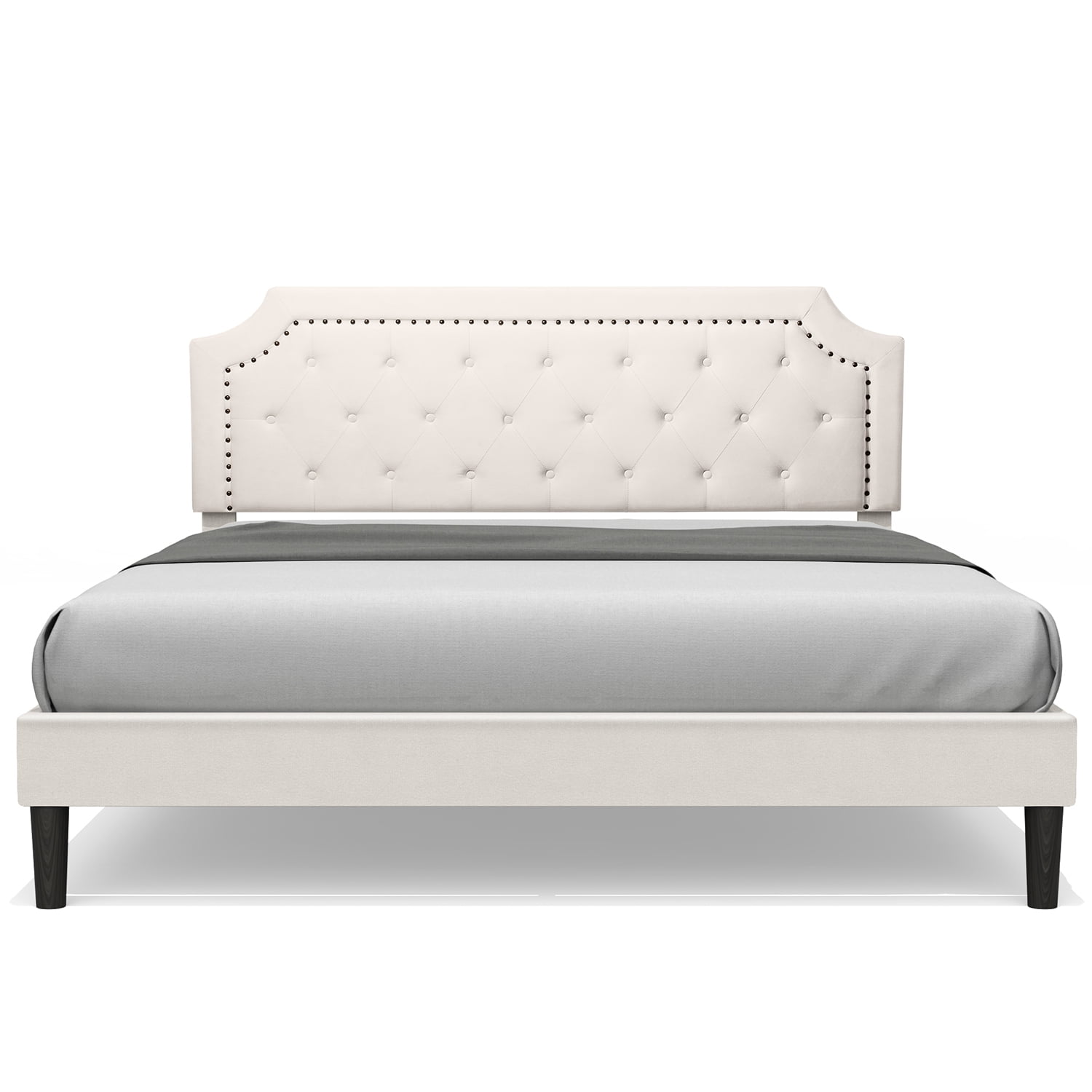 Full Size Cream Color Bed Frame Upholstered Low Profile Traditional ...