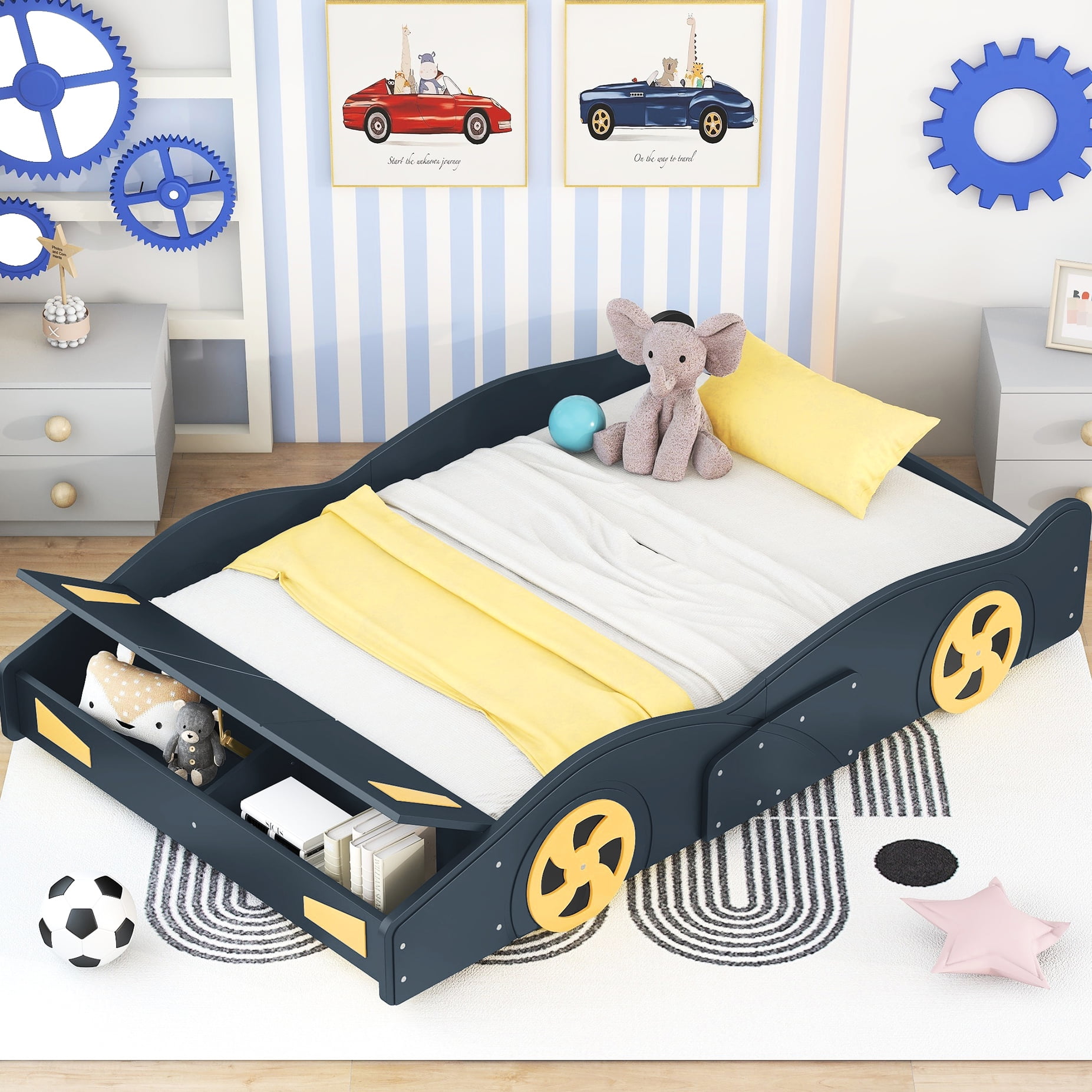 Full Size Dark Blue And Yellow Race Car Bed With Storage - Construction ...