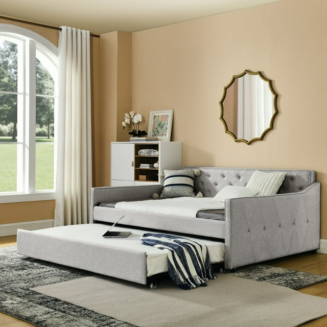 Full Size Day Bed with Twin Trundle, 2-in-1 Linen Upholstered Sofa Bed ...