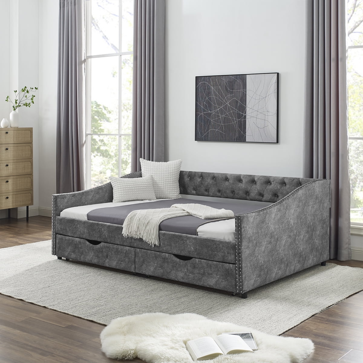 Full Size Upholstered Daybed with Storage, 2 Drawers, Tufted Sofa Bed ...