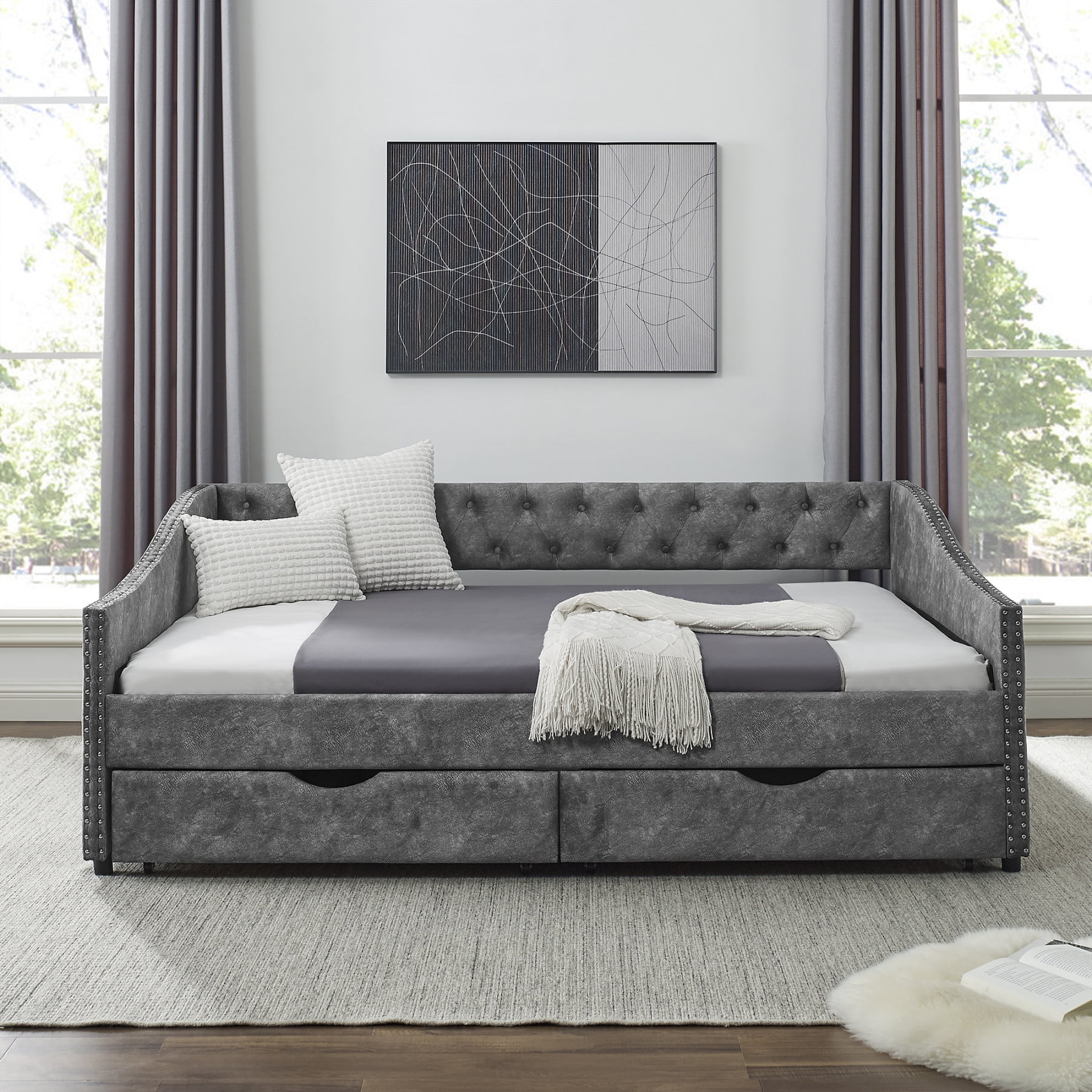 Full Size Daybed with 2 Storage Drawers, Modern Wood Sofa Bed Frame ...