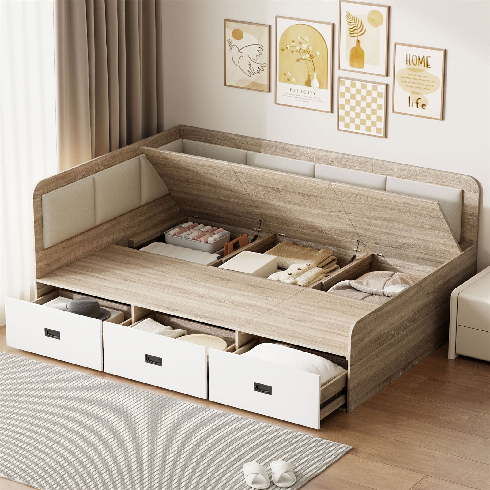 Full Size Daybed with 3 Drawers, Wooden Day Bed Frame with Three ...