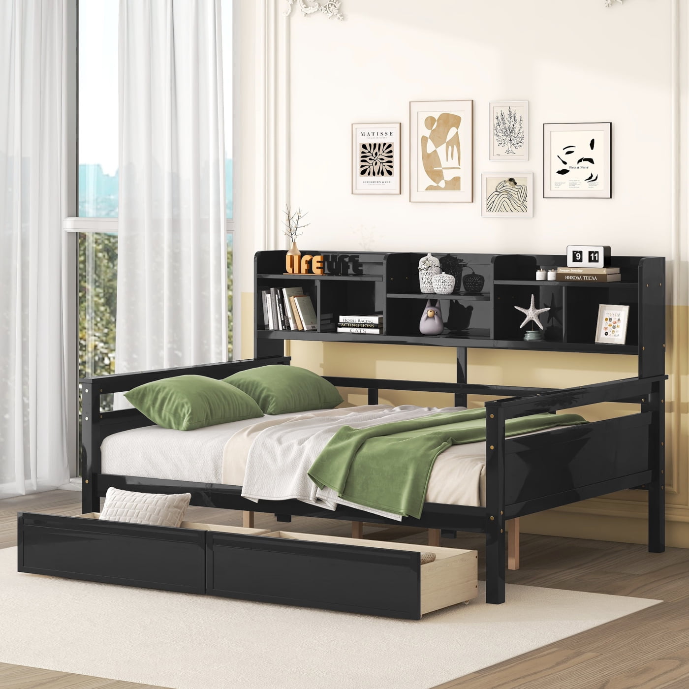 Full Size Daybed with with Bedside Shelf and 2 Drawers, Wood Sofa Bed ...