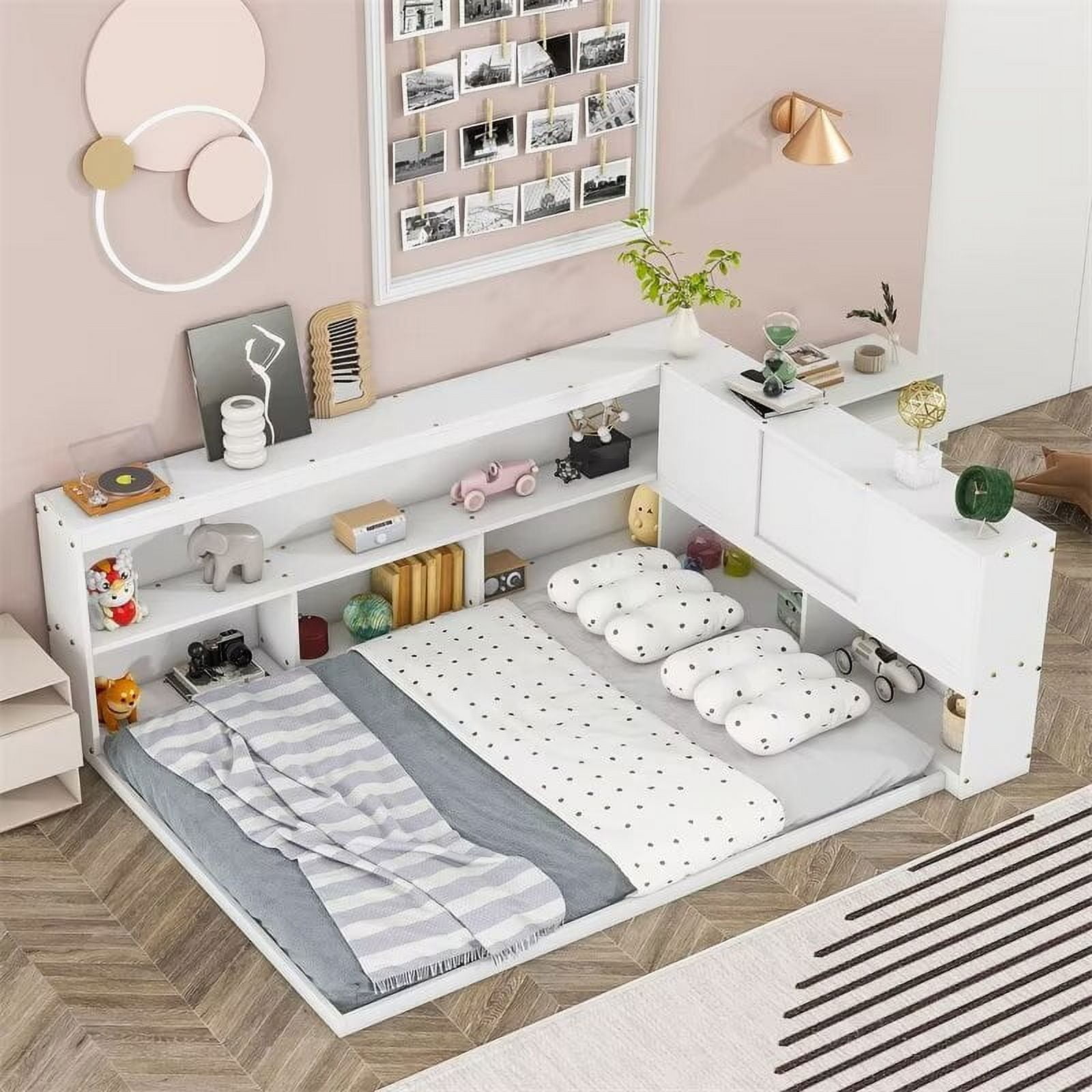 Full Size Daybed with L-Shaped Bookcases, Full Corner Floor Bed Frame ...