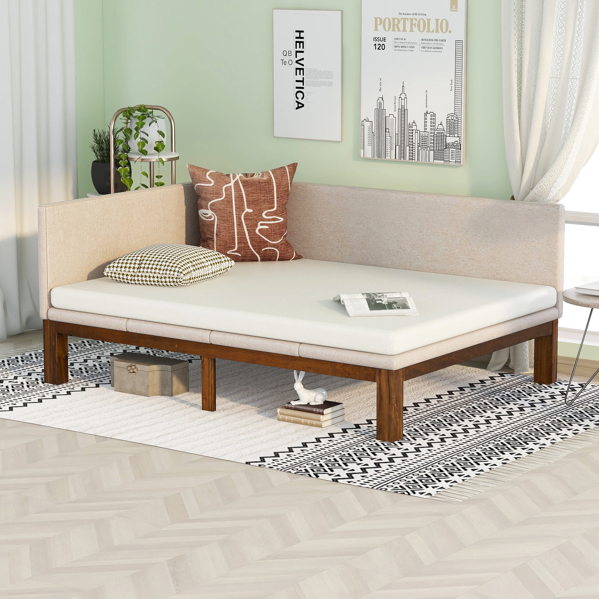 Full Size Daybed, Linen Upholstered Daybed Frame with Headboard, Wooden ...