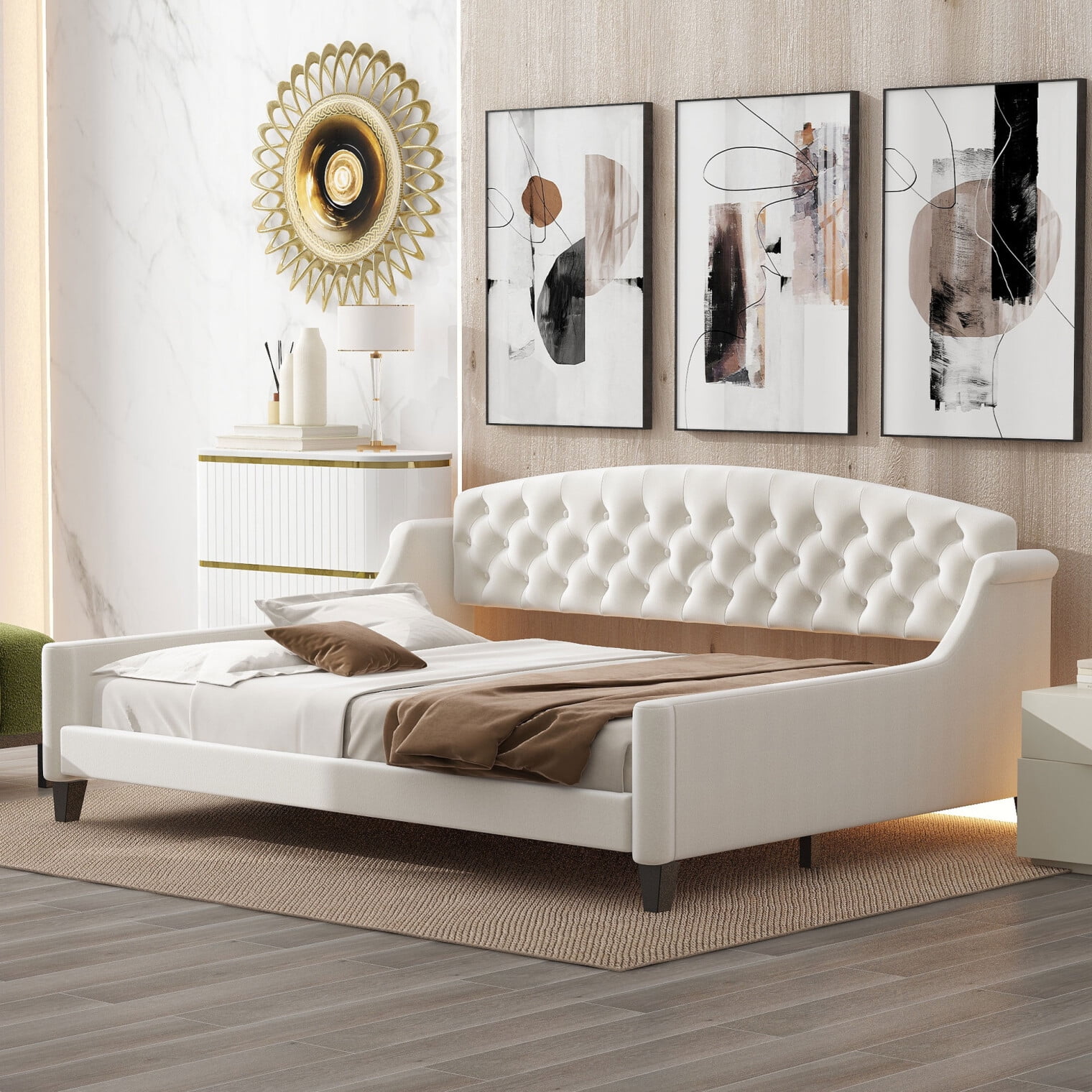Triple Tree Upholstered Tufted Full Daybed with Slat, Beige - Walmart.com