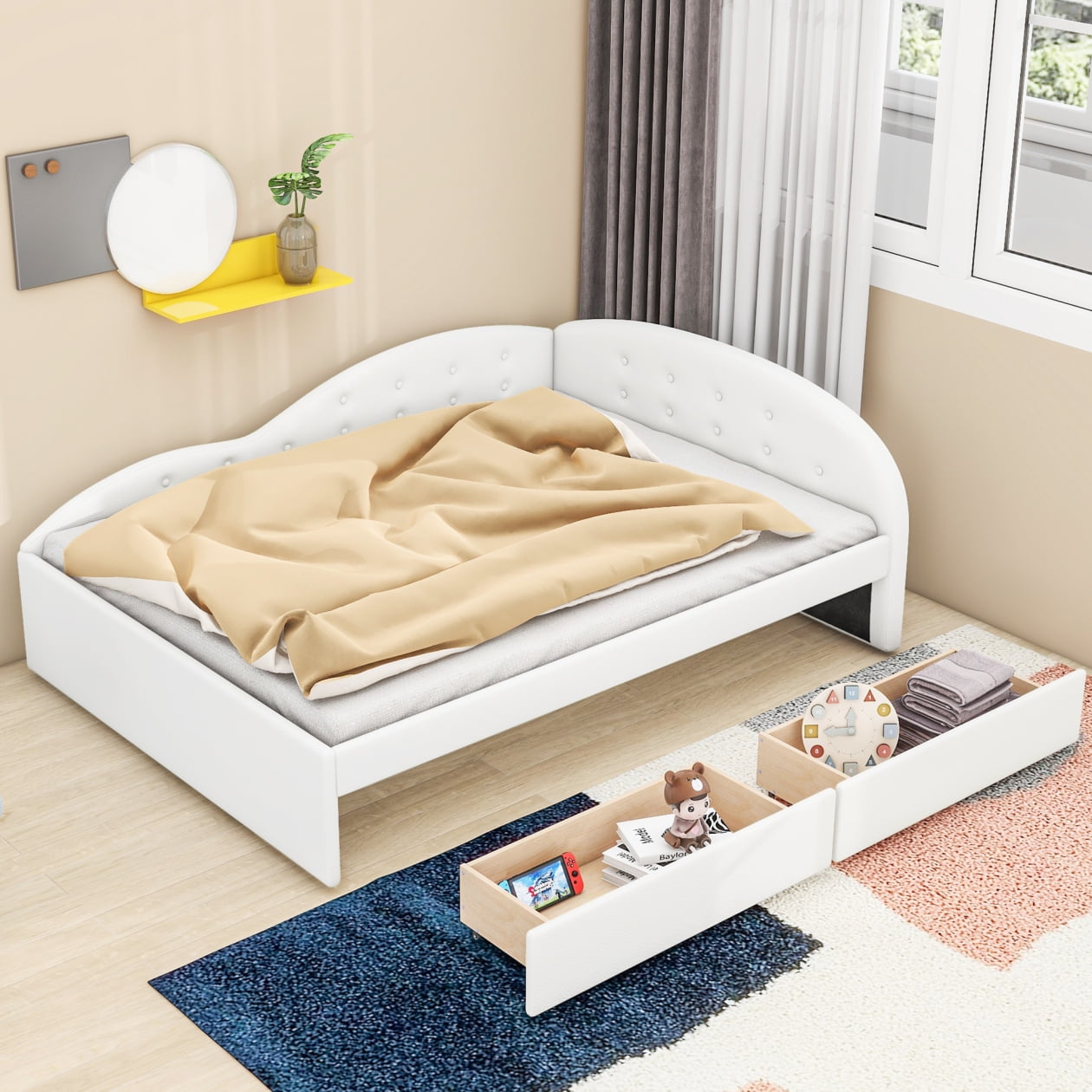 Full Size Daybed,PU Upholstered Tufted Daybed with 2 Drawers and Cloud Shaped Guardrail,Sofa Bed ...