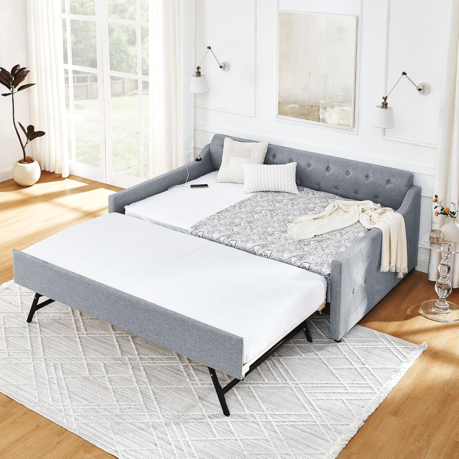 Full Size Daybed with Pop Up Trundle, Upholstered Daybed with Trundle ...