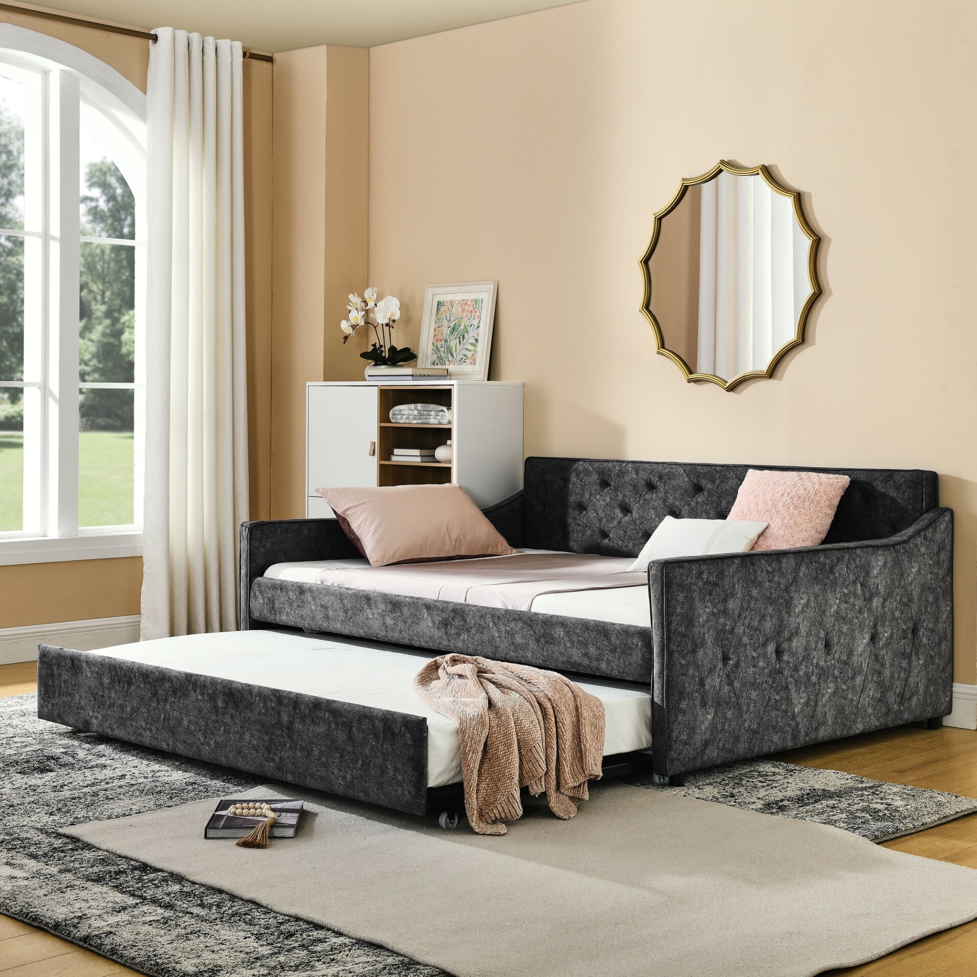 Full Size Daybed,Sofa Bed with Twin Size Trundle,Wood Bed Frame with ...