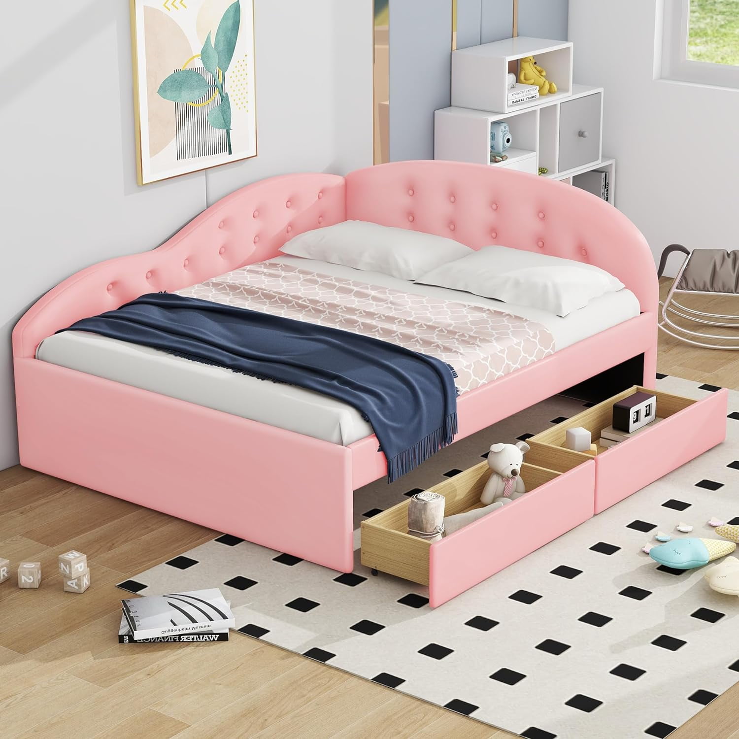 Full Size Daybed with Storage Drawers, Faux Leather Upholstered Day Bed ...