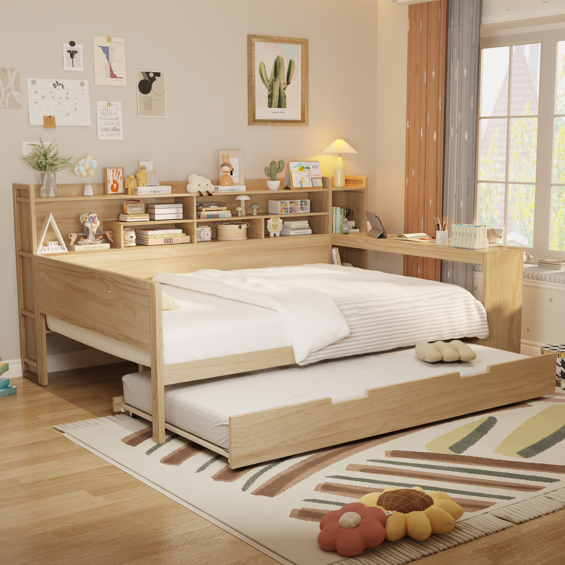 Full Size Daybed with Trundle, Desk and Storage Headboard, U-Shaped ...