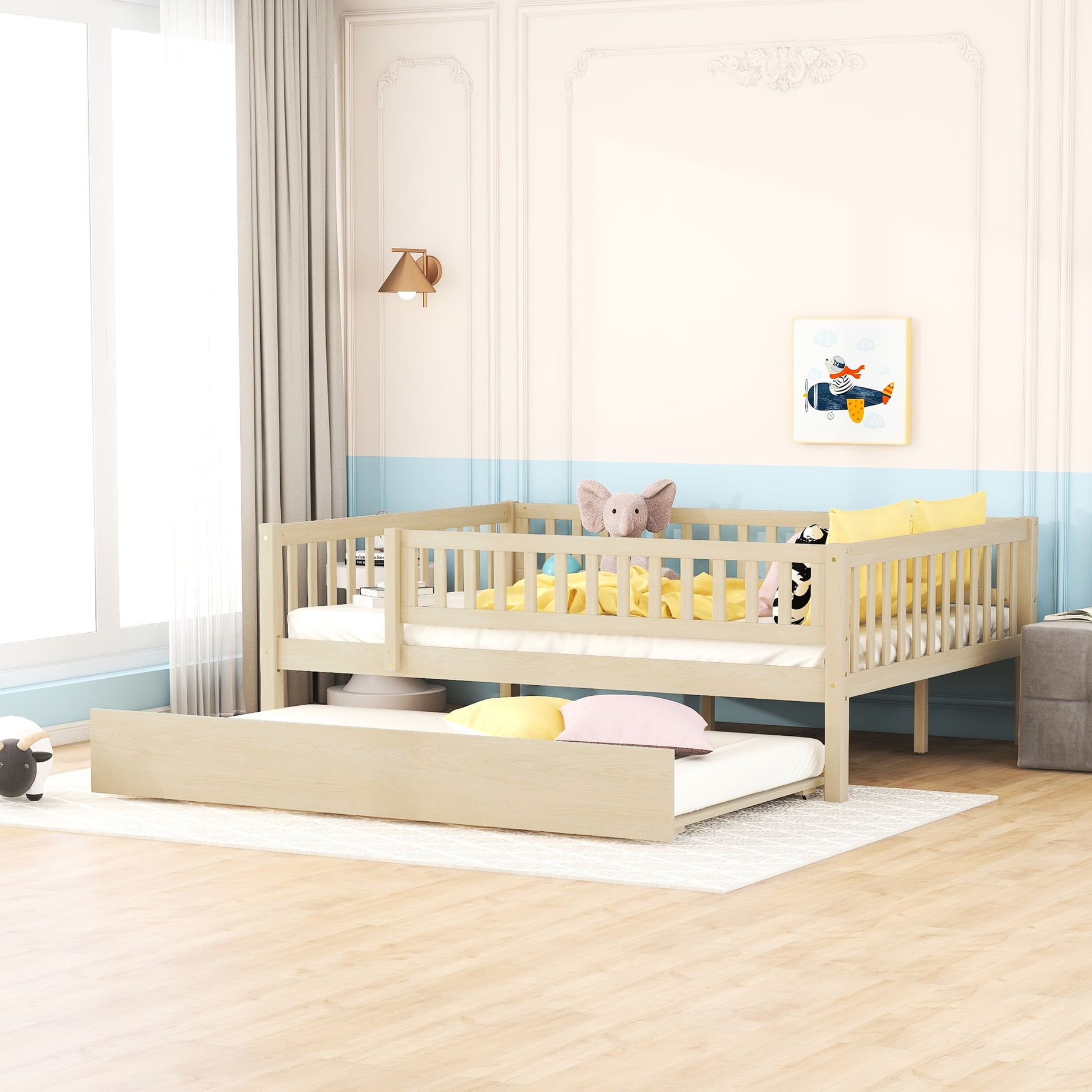 Full Size Daybed With Trundle And Fence Guardrails. Ensures A Sound ...