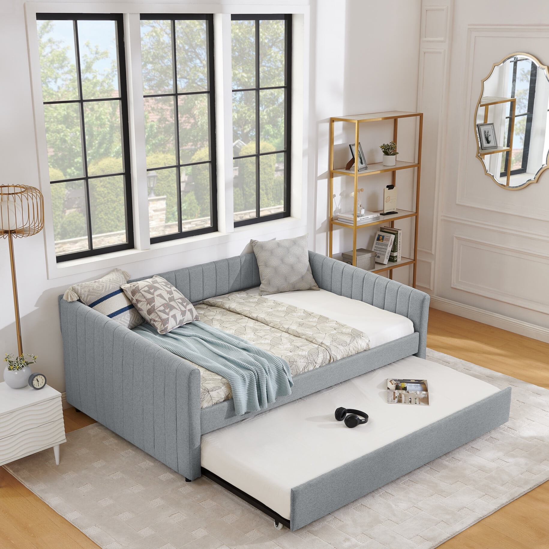 Full Size Daybed with Trundle Upholstered Sofa Bed, Vertical Striped ...