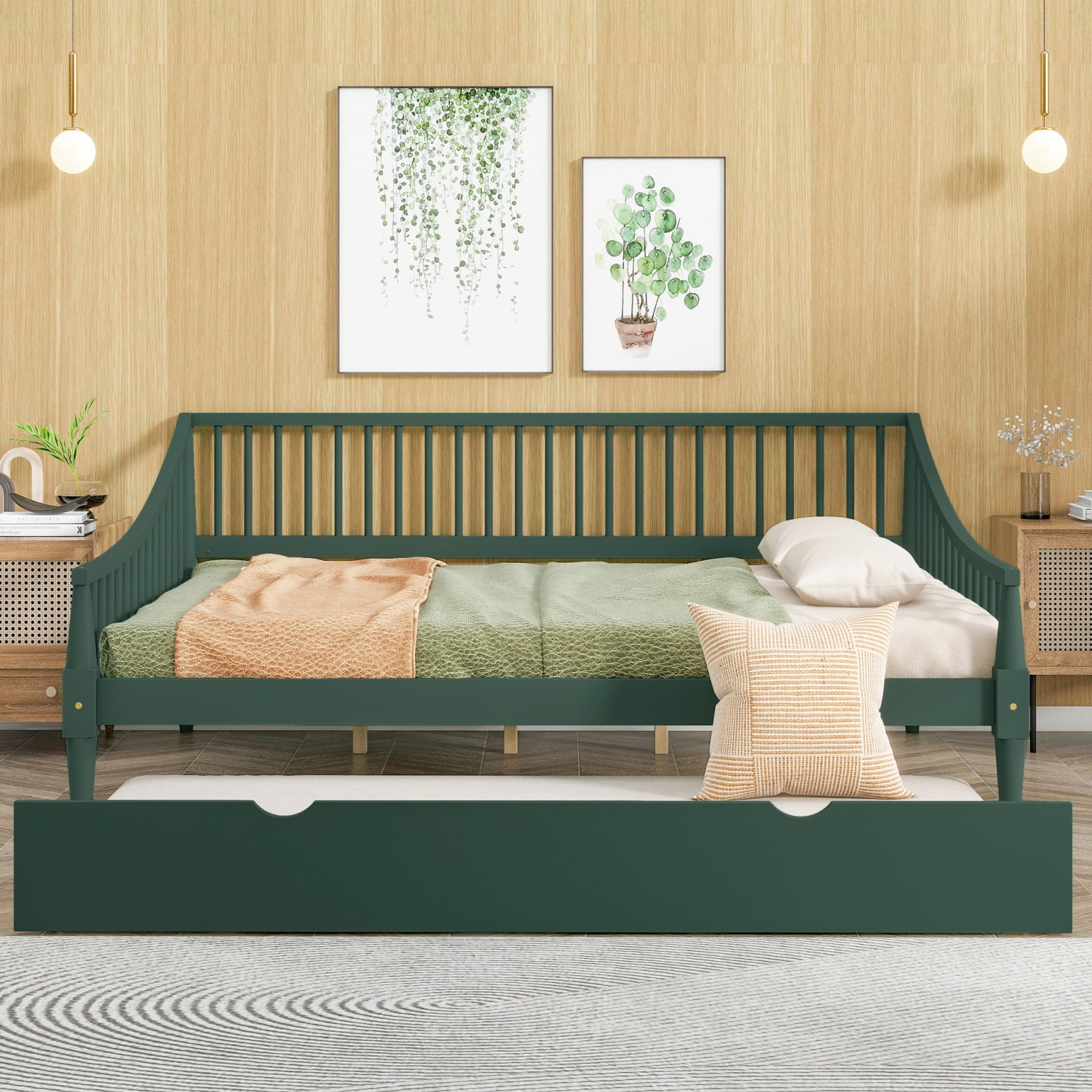 Full Size Daybed with Trundle, Wood Bedframe with Safety Guardrails and ...
