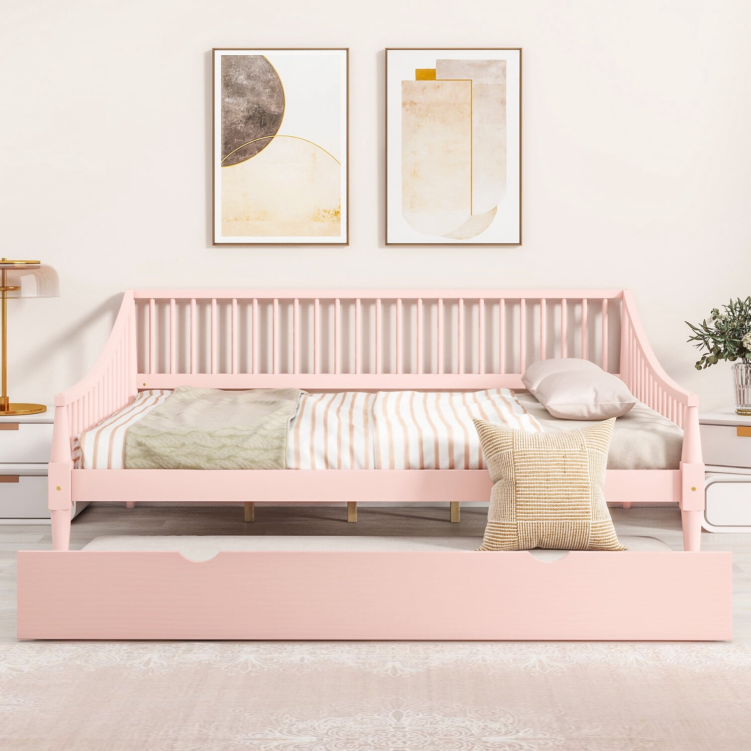 Full Size Daybed with Trundle, Wood Bedframe with Safety Guardrails and ...