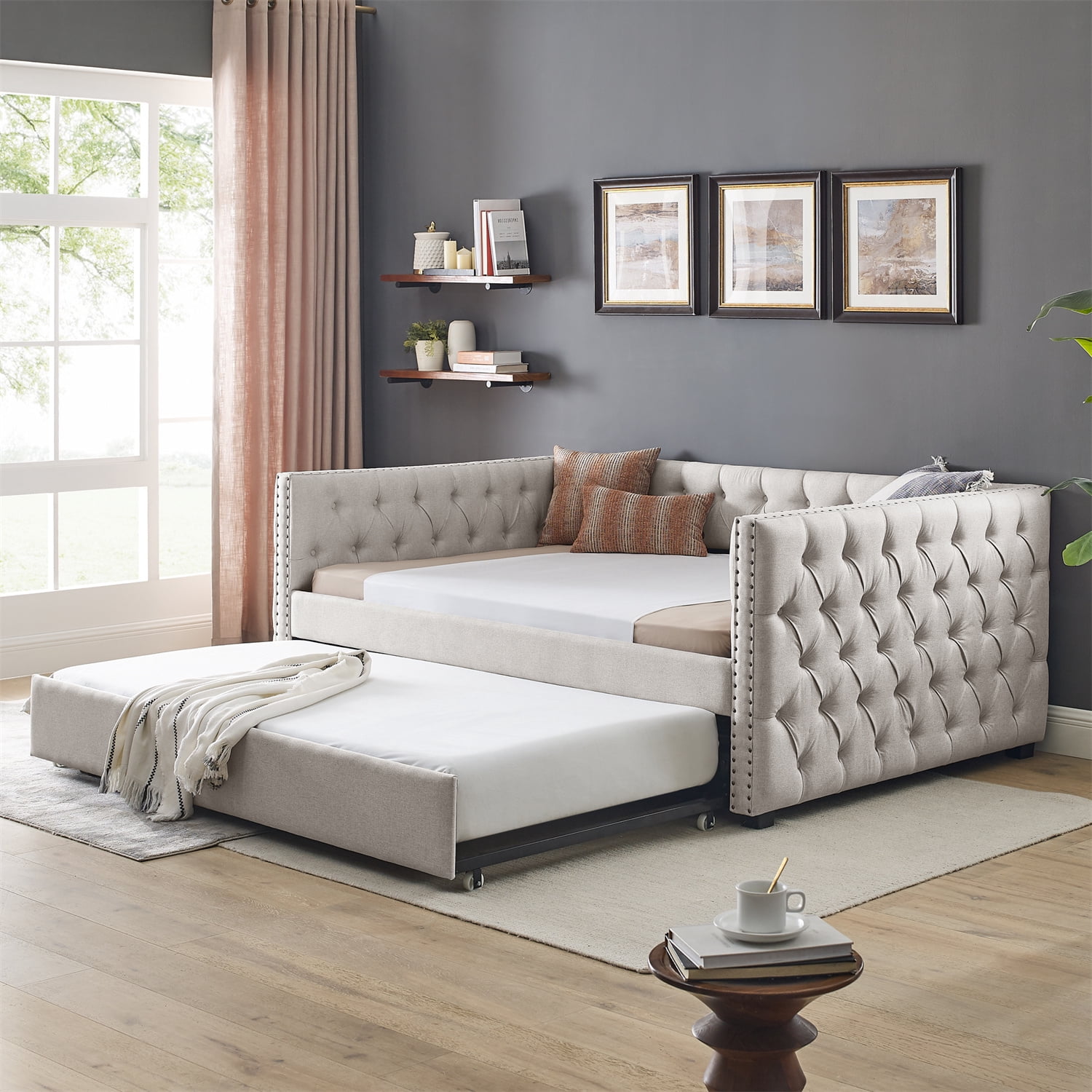 Full Size Upholstered Daybed with Twin Trundle, Button Tufted, Solid ...