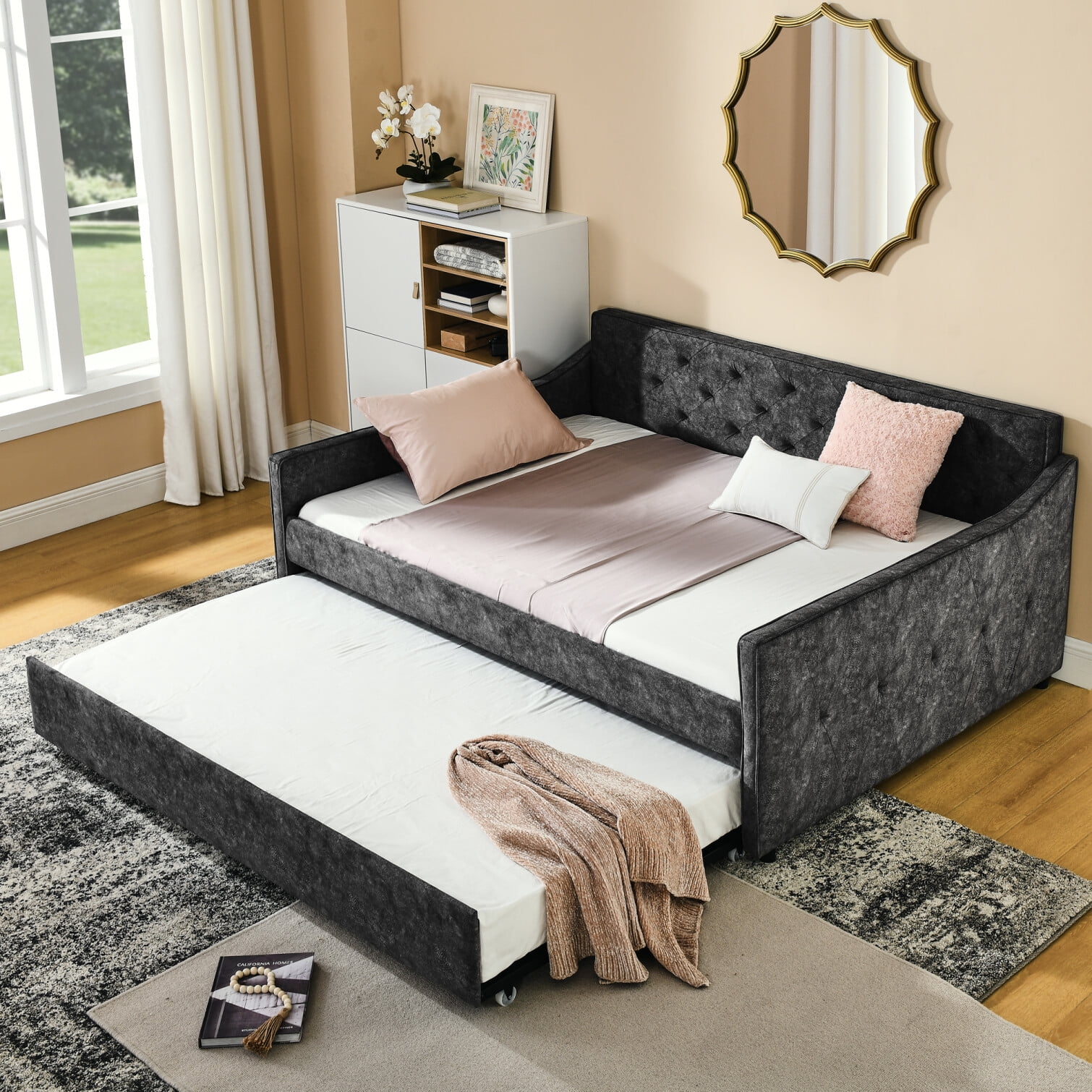 Full Size Daybed with Twin Size Trundle, Modern Sofa Bed with Button ...