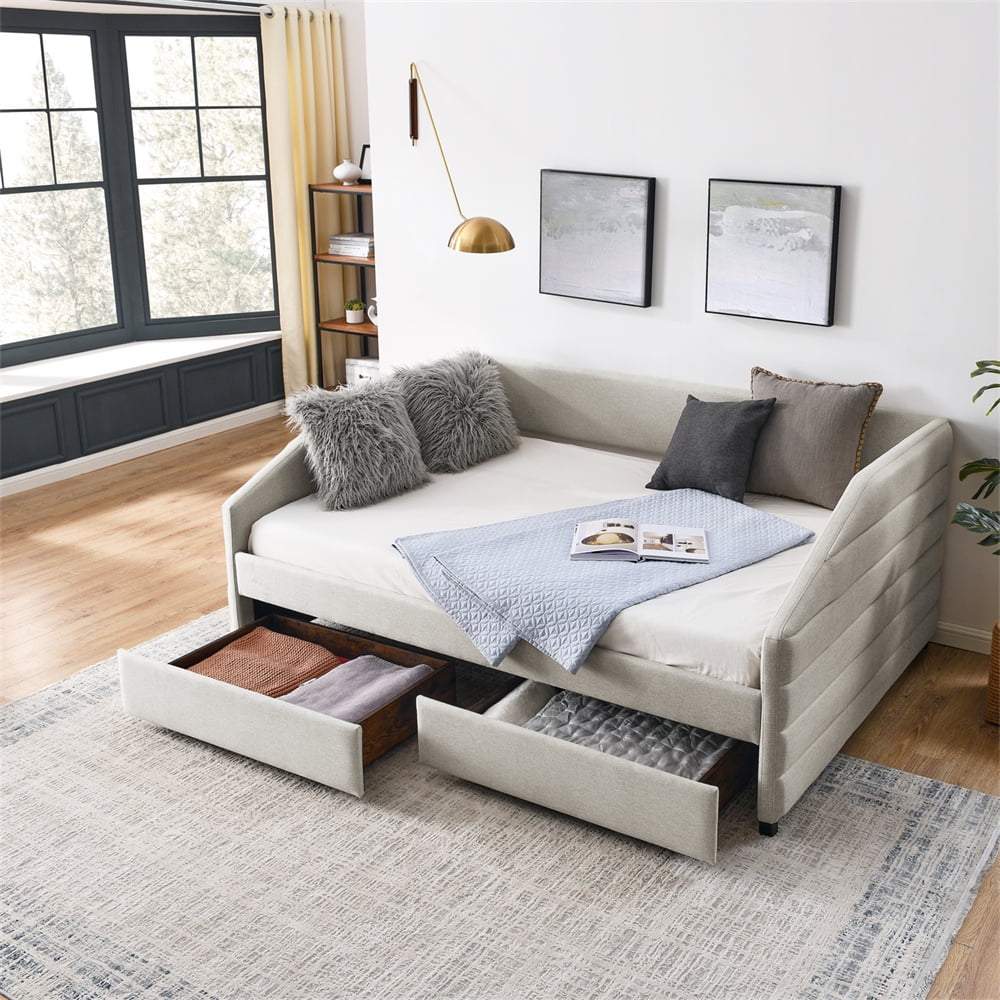 Full Size Daybed with Drawers, Linen Upholstered, Sturdy Wooden Frame ...