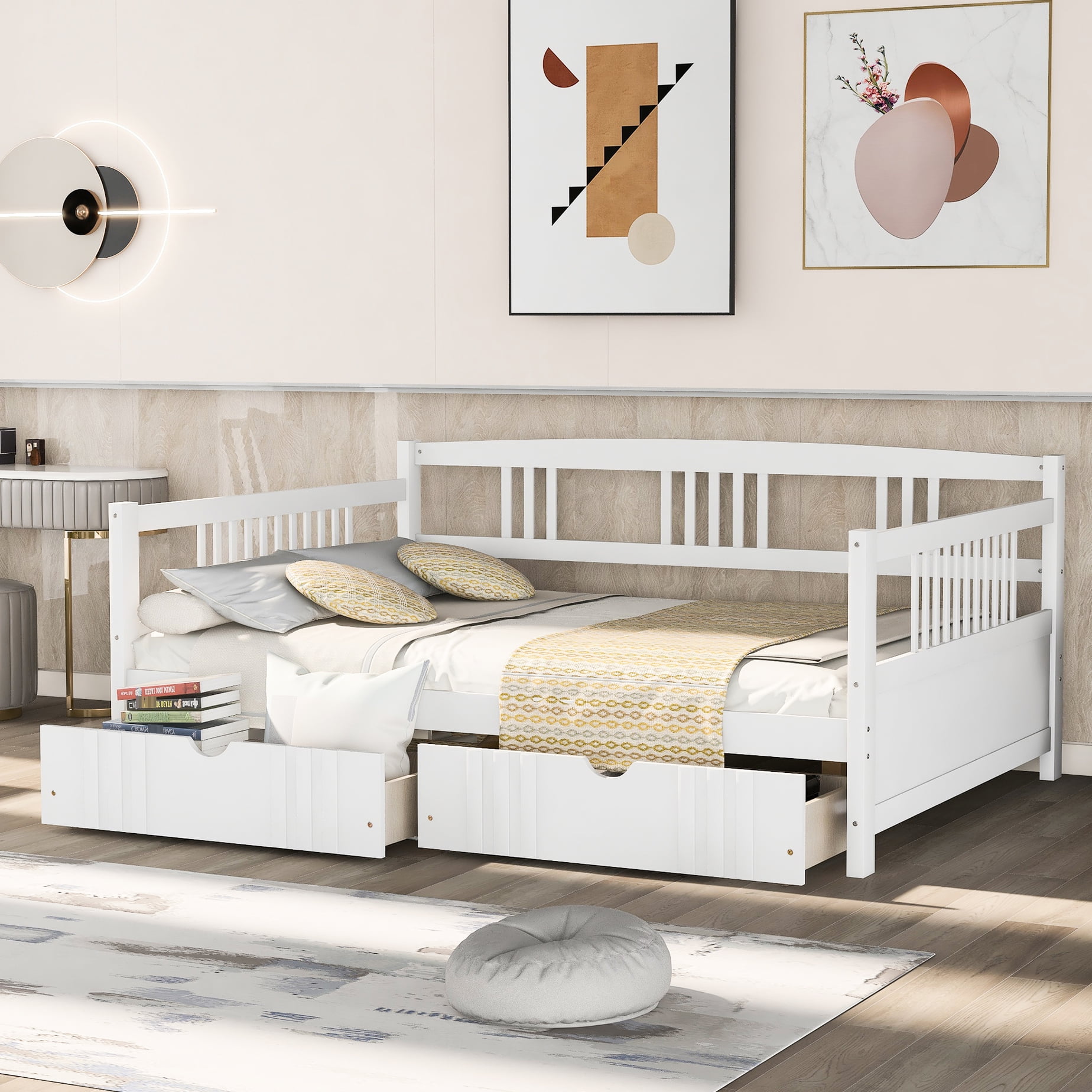 Full Size Daybed With Two Drawers In White - Solid Wood Construction ...