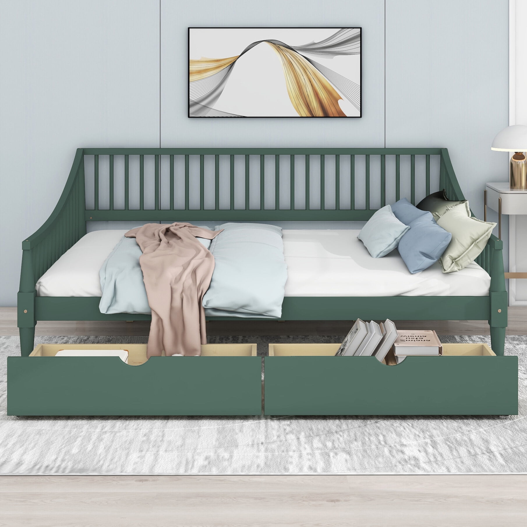 Full Size Daybed with Two Storage Drawers, Wood Bedframe with Safety ...