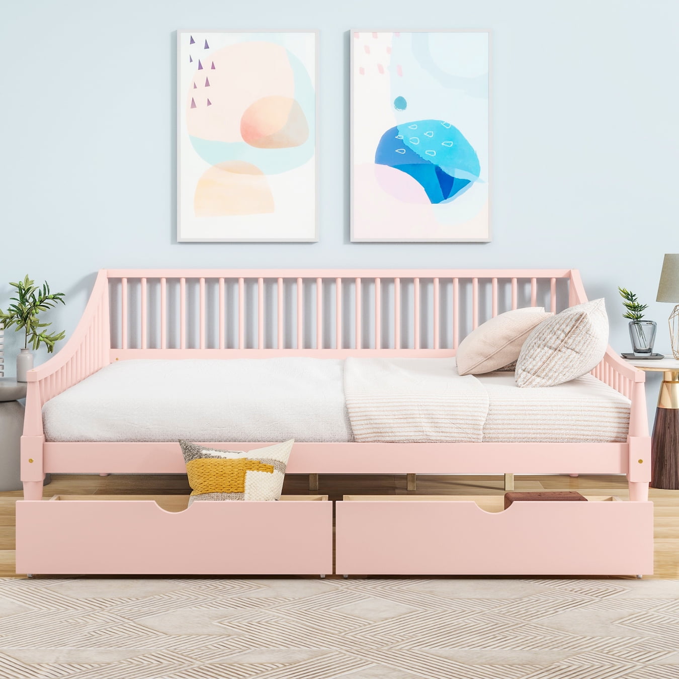 Full Size Daybed with Two Storage Drawers, Wood Bedframe with Safety ...