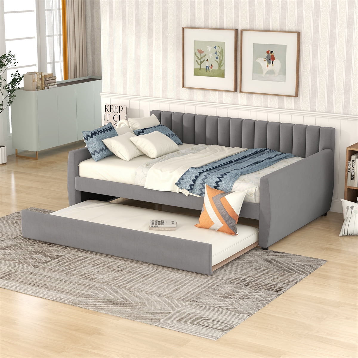 ARCTICSCORPION Modern Full Size Upholstered Daybed with Trundle Gray ...