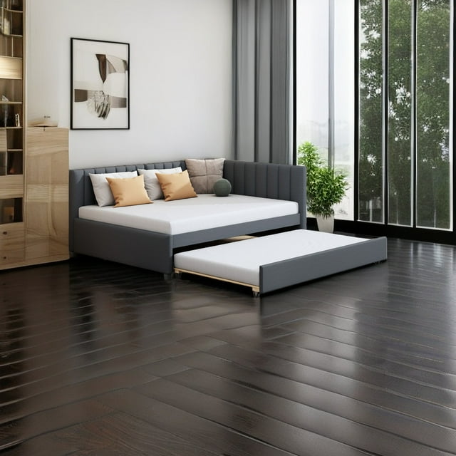 Full Size Daybed, Upholstered Daybed with Trundle, Linen Fabric Full ...