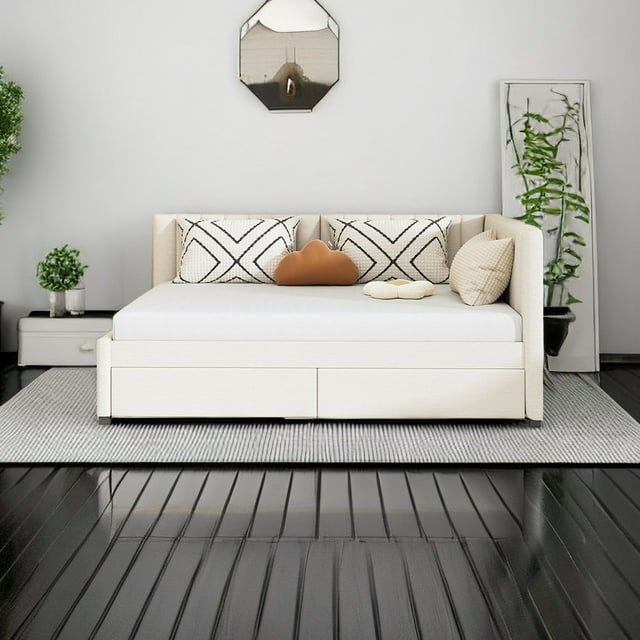 Full Size Daybed, Upholstered Full Daybed with 2 Storage Drawers, Linen ...