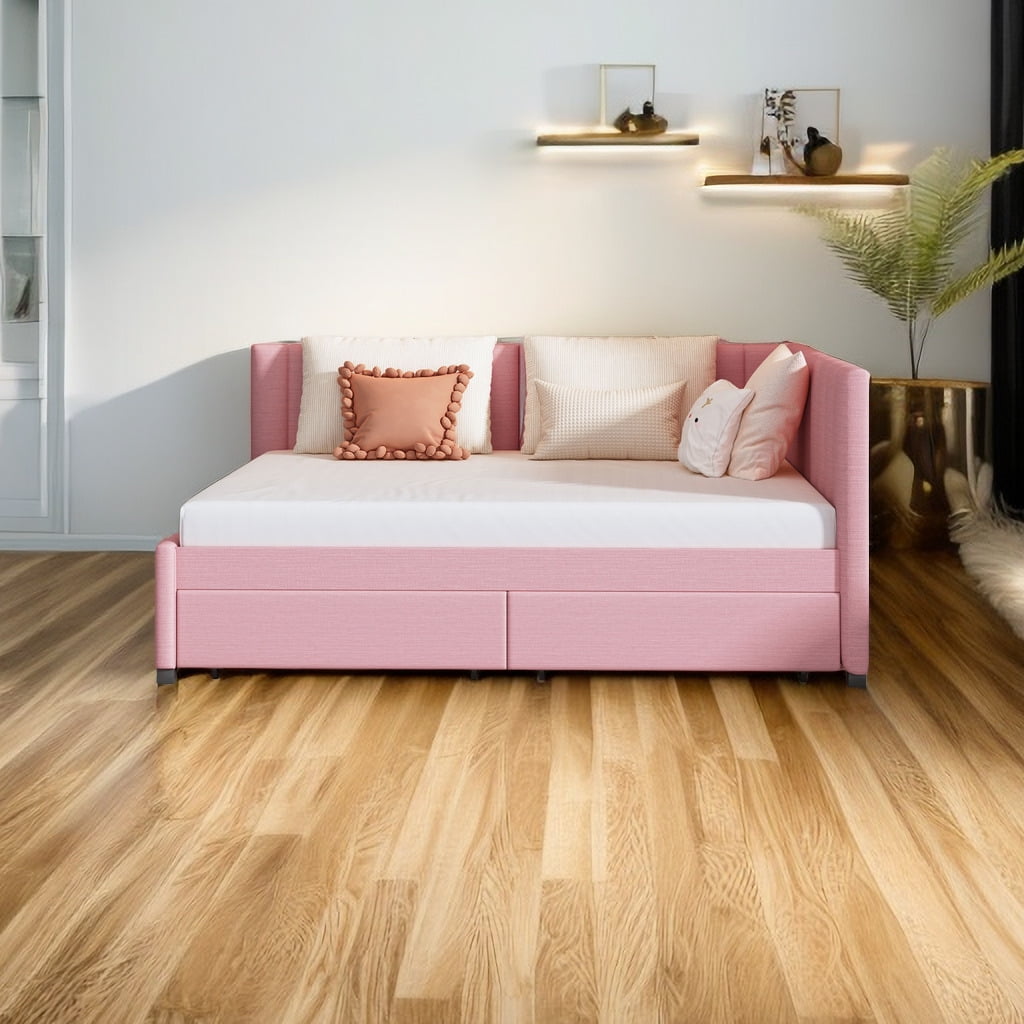 Full Size Daybed, Upholstered Full Daybed with 2 Storage Drawers, Linen ...