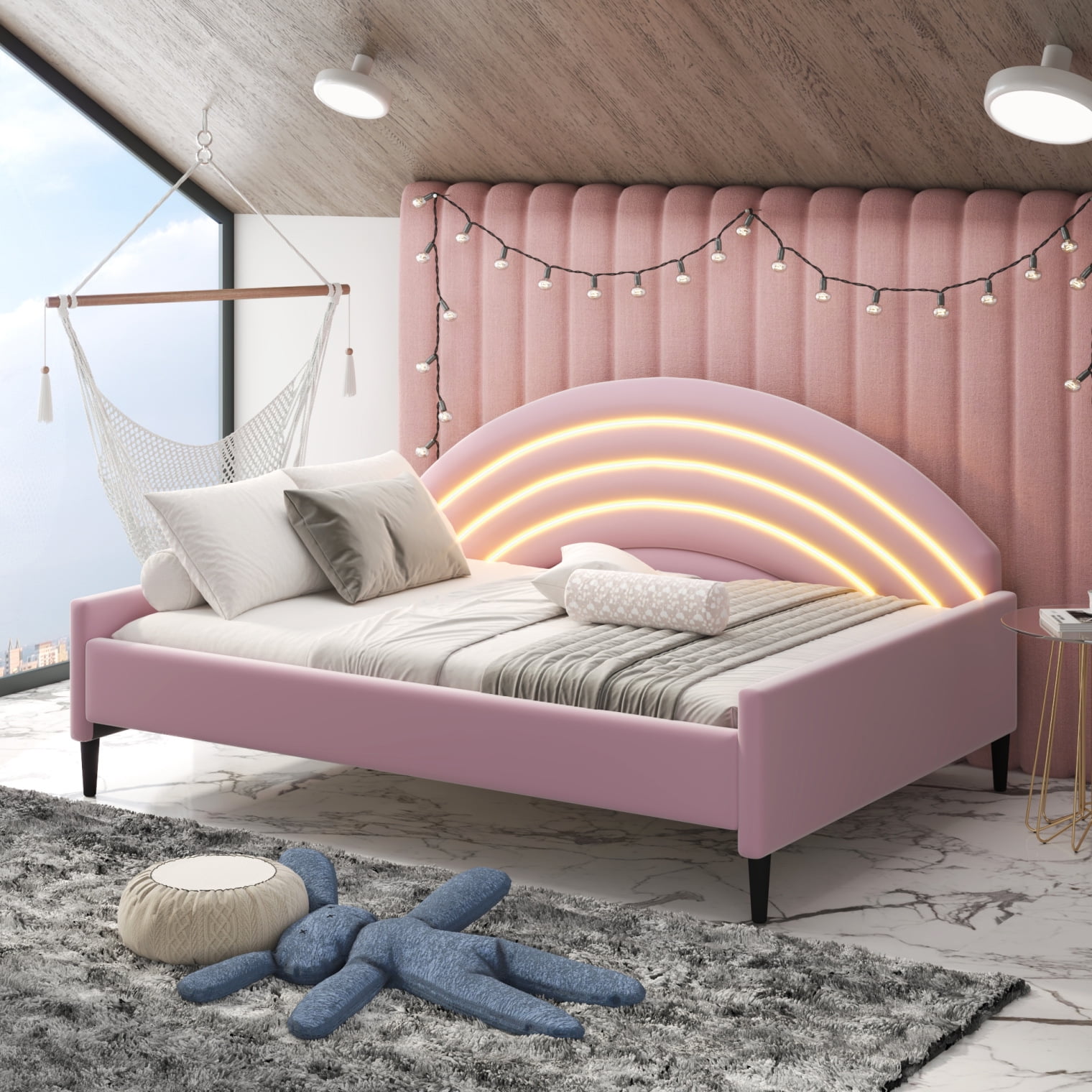 Full Size Daybed, Upholstered Pink Daybeds with Curved Design Backrest ...