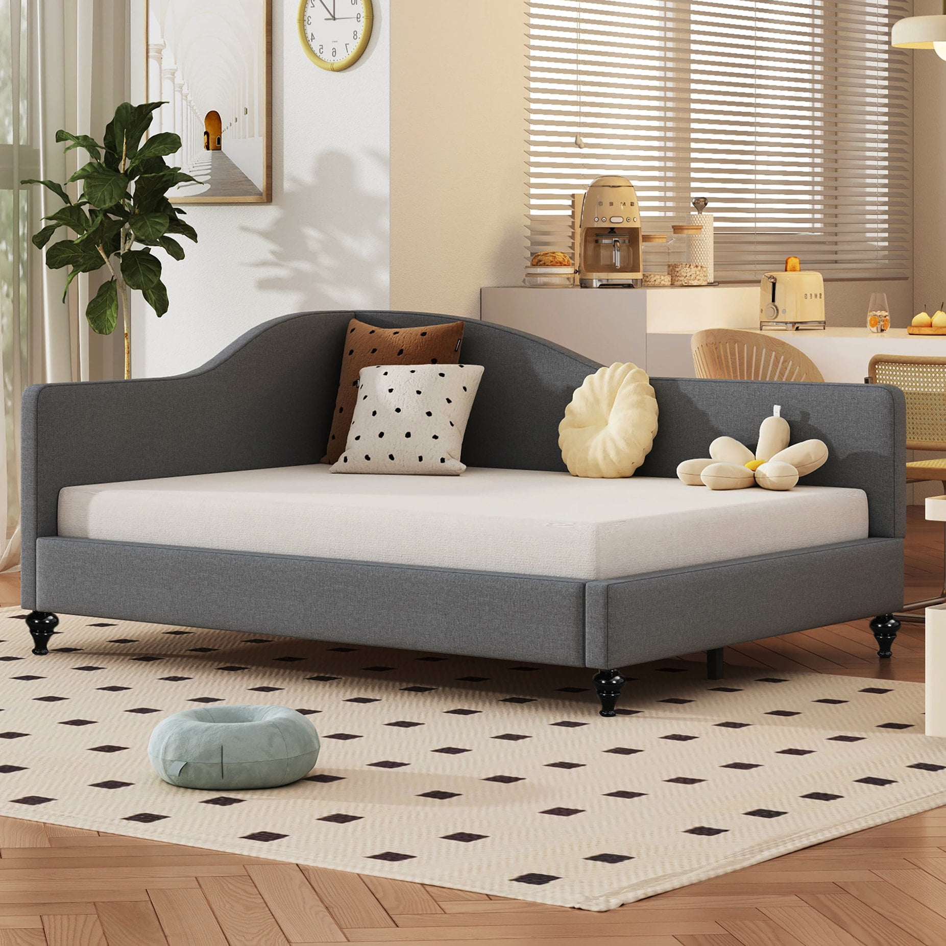 Full Size Daybed With L-shaped Linen Cover & Solid Wood Feet Modern In ...