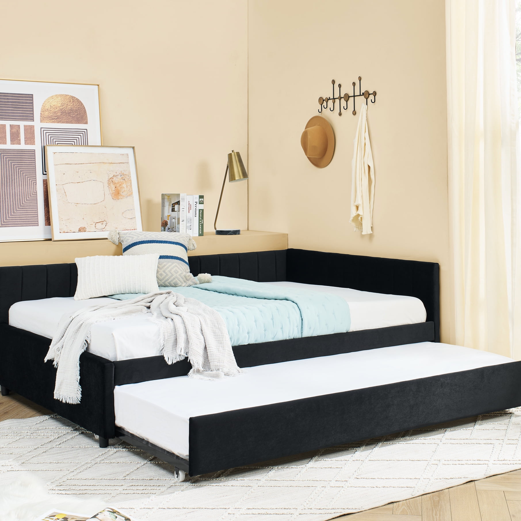 Full Size Daybed With Trundle, Black Velvet Upholstered Bed, Back ...